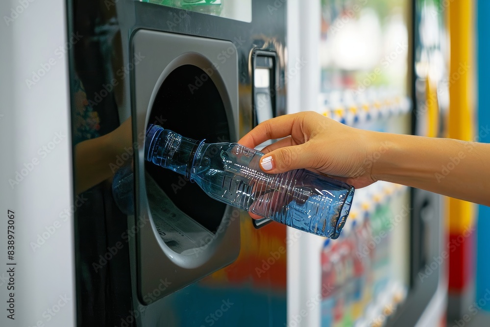 Reverse vending machine. Woman hand put empty plastic bottle in the ... Reverse vending machine. Woman hand put empty plastic bottle in the ...