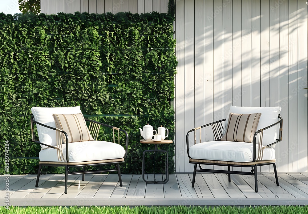 minimal modern outdoor lounge with white wood paneling and green wall ...