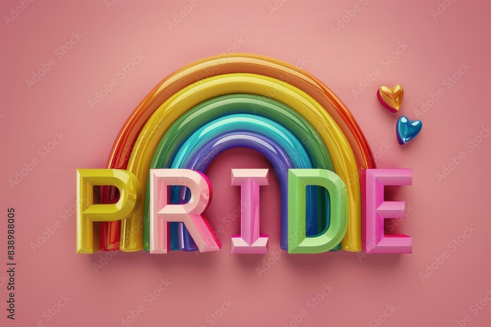 Playful pride text with rainbow colors and 3D effect on pink background ...