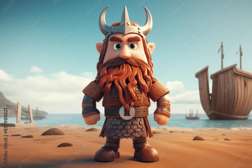 Mighty Viking warrior standing proudly at the beach with his battle ...