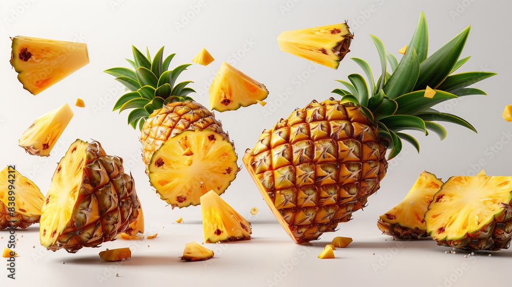 Falling Pineapple slice isolated on white background, clipping path ...