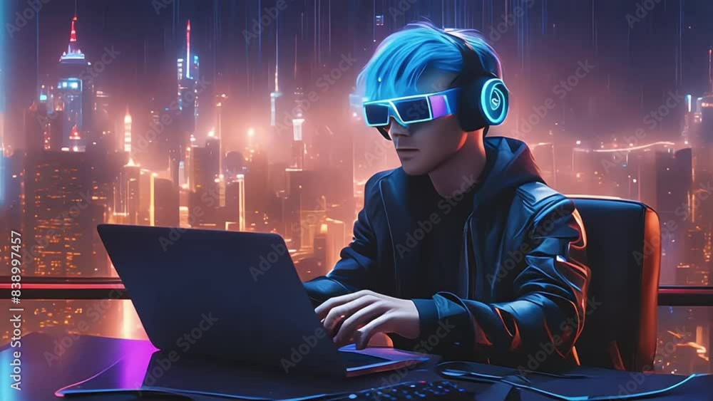 Depict a skilled cyberpunk hacker in a futuristic setting, surrounded ...