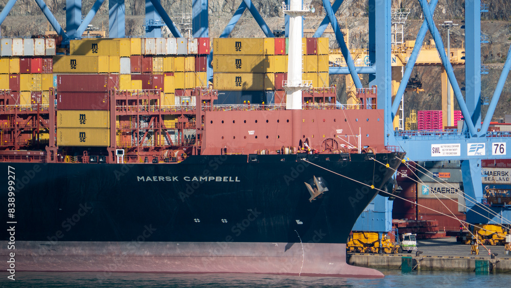 Busan, South Korea - 10.01.2023: Forward part of Maersk Kampbell ship ...