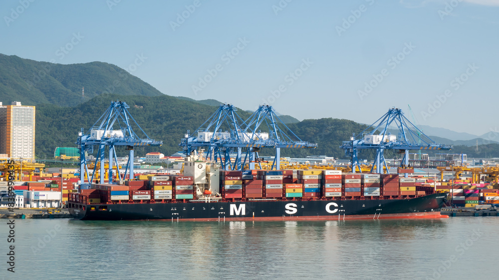 Busan, South Korea - 10.01.2023: Ultra large MSC container ship has ...
