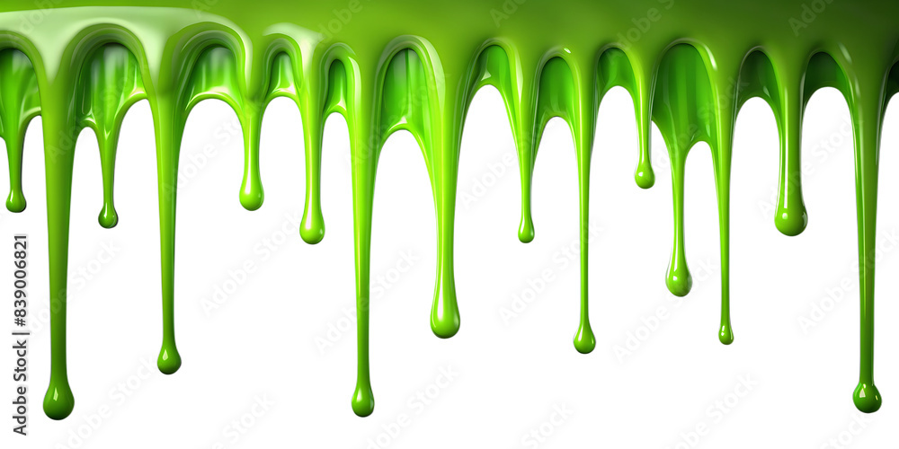 Green droplets in various stages drip from a horizontal green surface ...