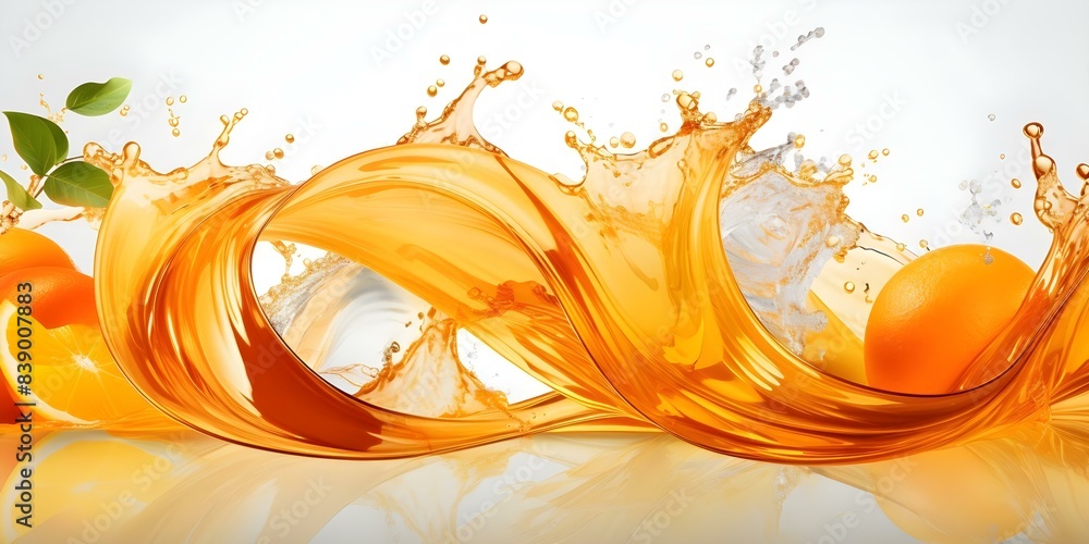Abstract orange juice wave with yellow water splashes on isolated ...