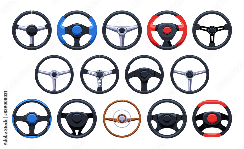 Collection Of Steering Wheels For Cars And Vehicles. Cartoon Vector ...