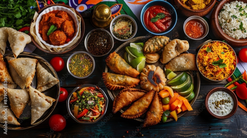 Table set with traditional Indian dishes, samosas, biryani, sweets ...