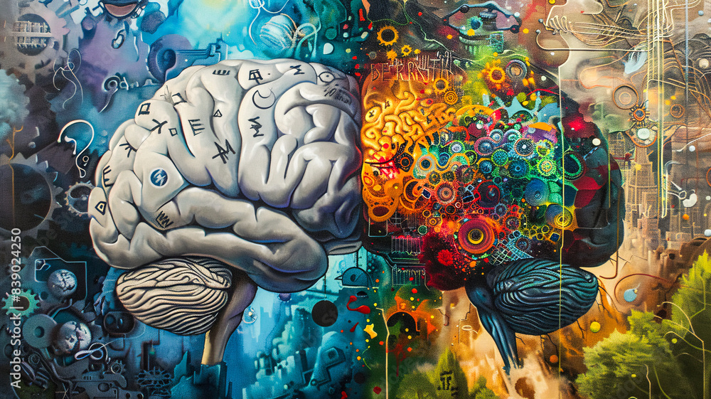 Left right human brain concept, the left side of the brain is depicted ...