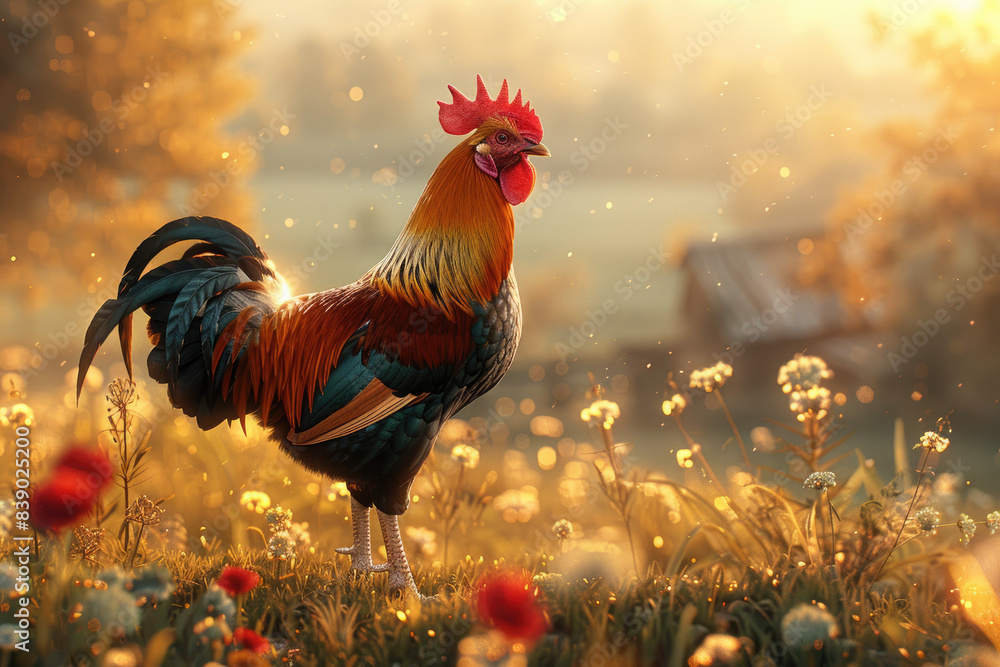 Photorealistic depiction of a rooster strutting in a farmyard at ...