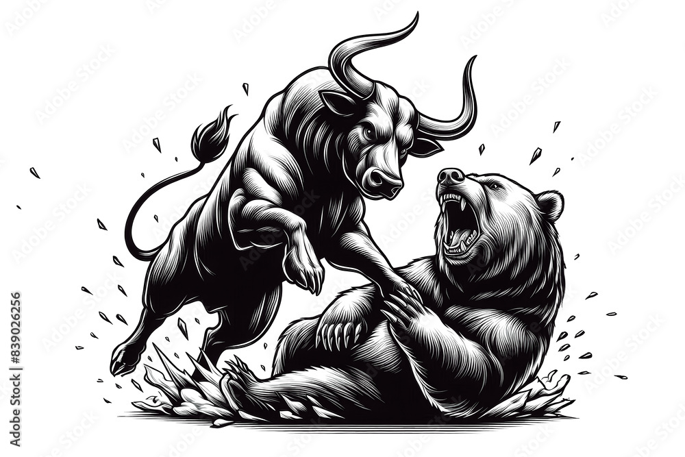 A bull and a bear are fighting each other, black and white illustration ...