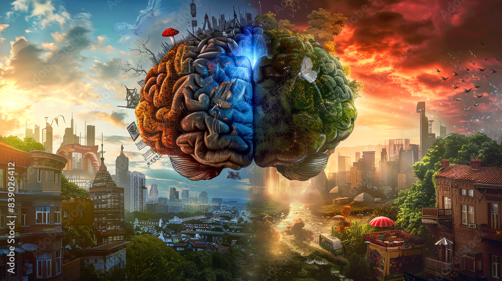 Left right human brain concept, the left side of the brain is depicted ...