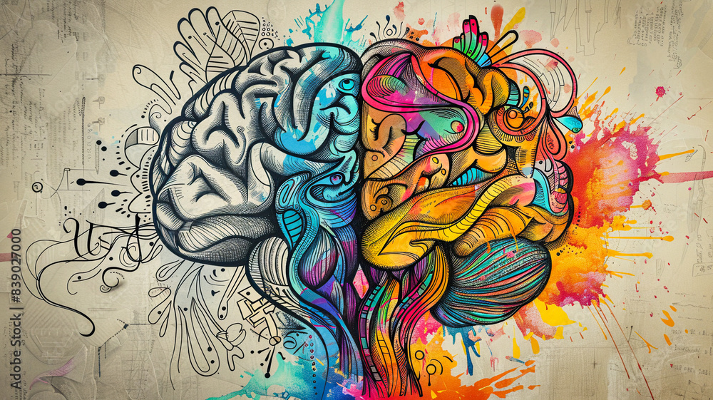 Left right human brain concept, the left side of the brain is depicted ...