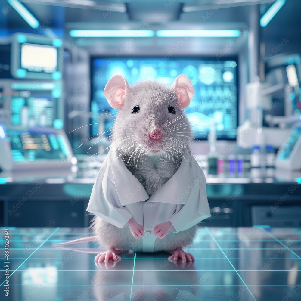 Cute rat wearing a white lab coat sitting on a table in a digital ...
