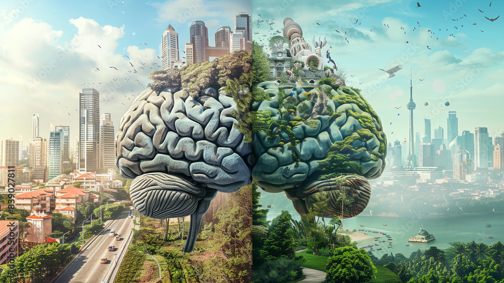 Left right human brain concept, the left side of the brain is depicted ...