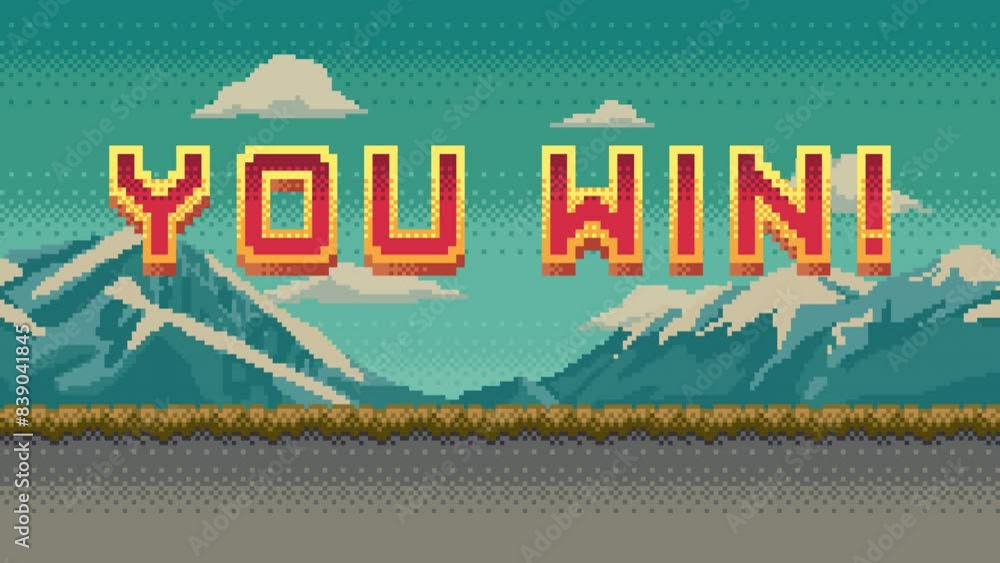 Animated You Win text on 8 bit video game background. Pixel art screen with mountains, sky ...