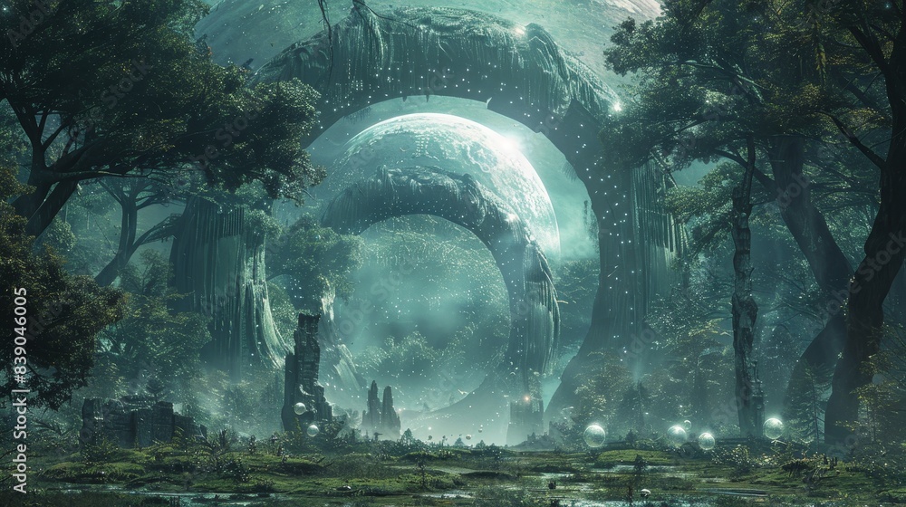 Mysterious jungle Stargate, portal to an alien world with massive trees ...