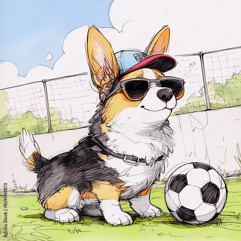 Cartoon cute corgi in baseball cap and sunglasses with soccer ball in ...