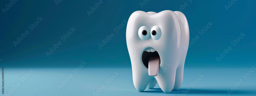 Sad and scared tooth character, with copy space, banner for children's ...