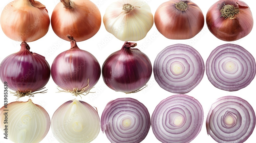 Various onions in both whole and sliced forms on a white background ...