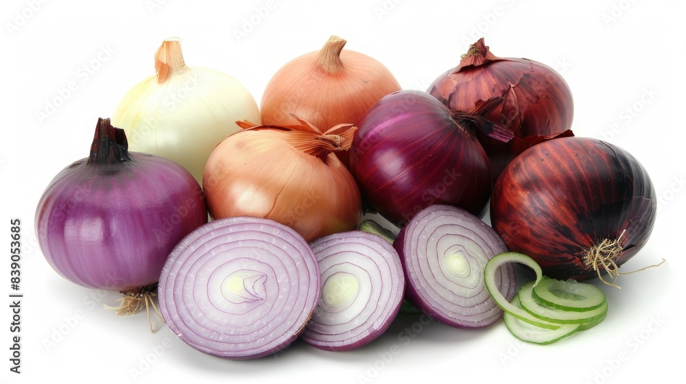 Various onions in both whole and sliced forms on a white background ...