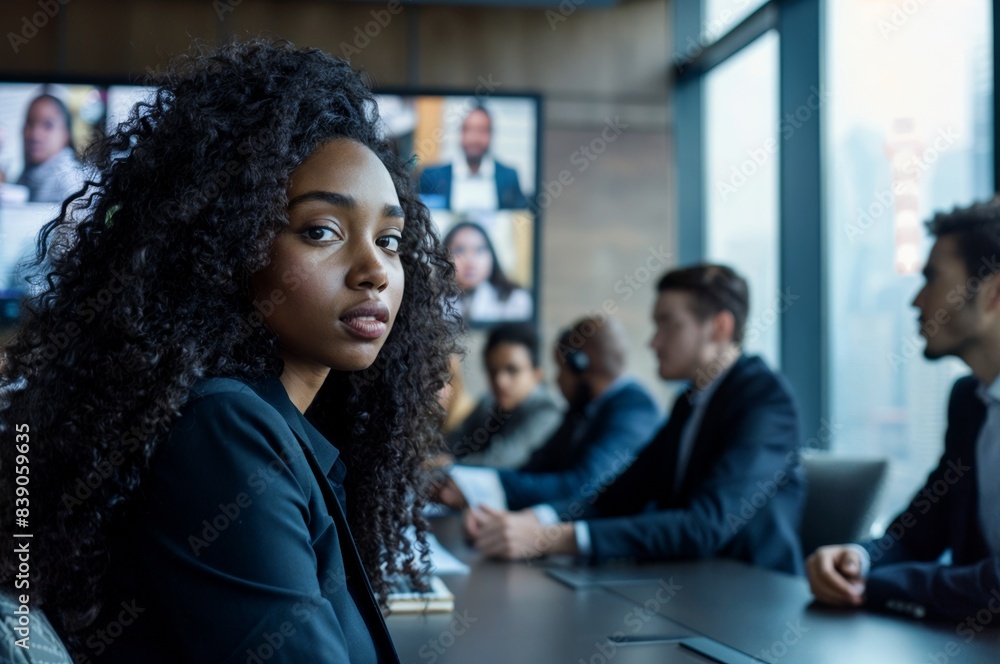Corporate meeting, remote conference concept. Portrait of young black ...