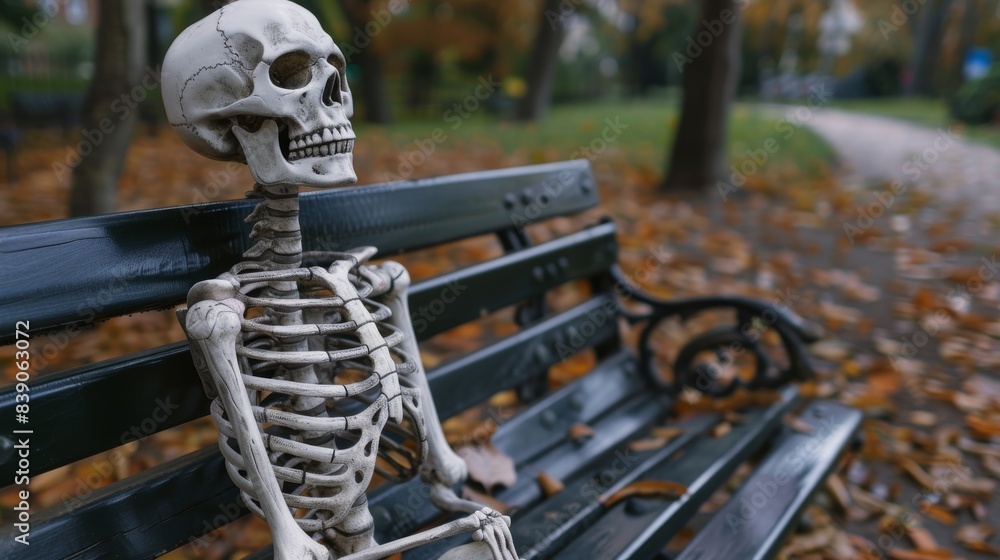 Waiting concept. A human skeleton sits on a bench in the park ...