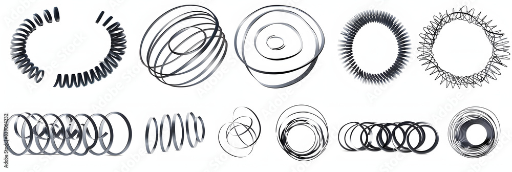 Spiral spring set. Black wire coil spring collection. Thin wire frames ...