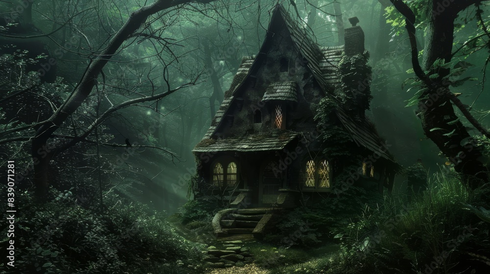 Mystical cabin in an enchanted forest, shrouded in mist and overgrown ...