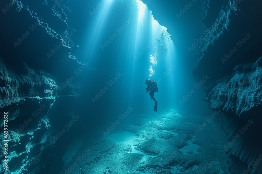 Cave Diving: A diver exploring an underwater cave, focusing on the ...