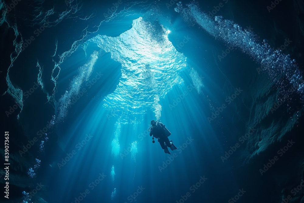 Cave Diving: A diver exploring an underwater cave, focusing on the ...