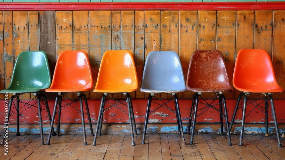 Collage of classroom interior with school desks and chairs for teaching ...