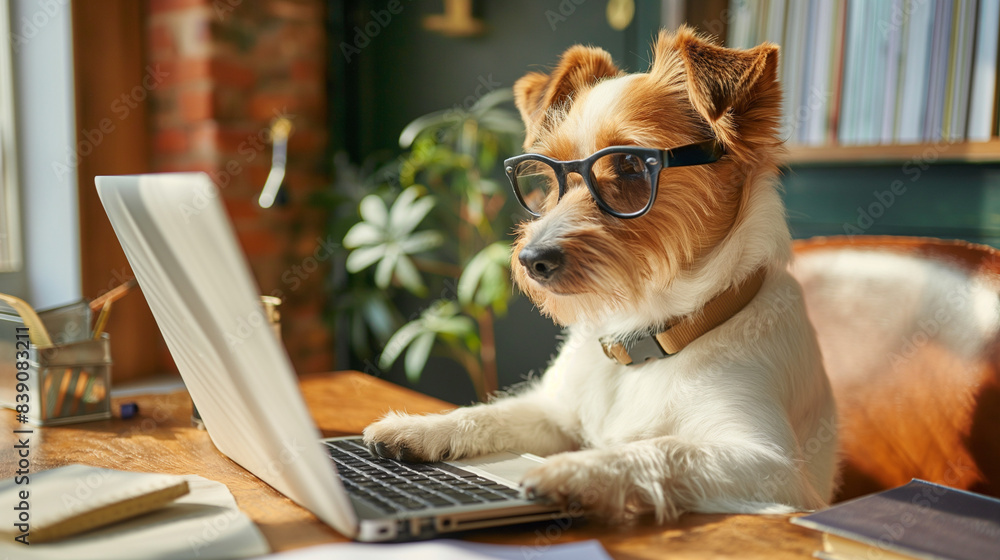 Schlauer Hund sitzt mit Brille am Laptop und Arbeitet digital im ...