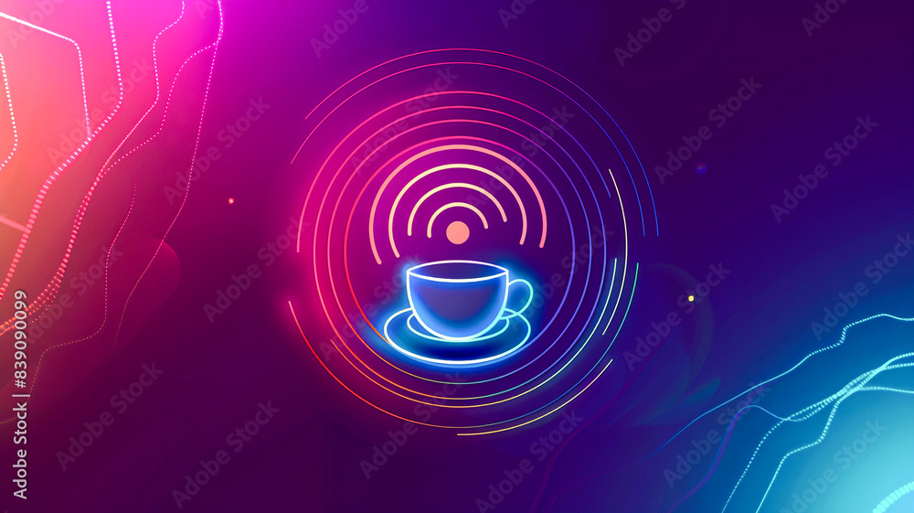Abstract blue background with a coffee cup and smoke, digital signal ...