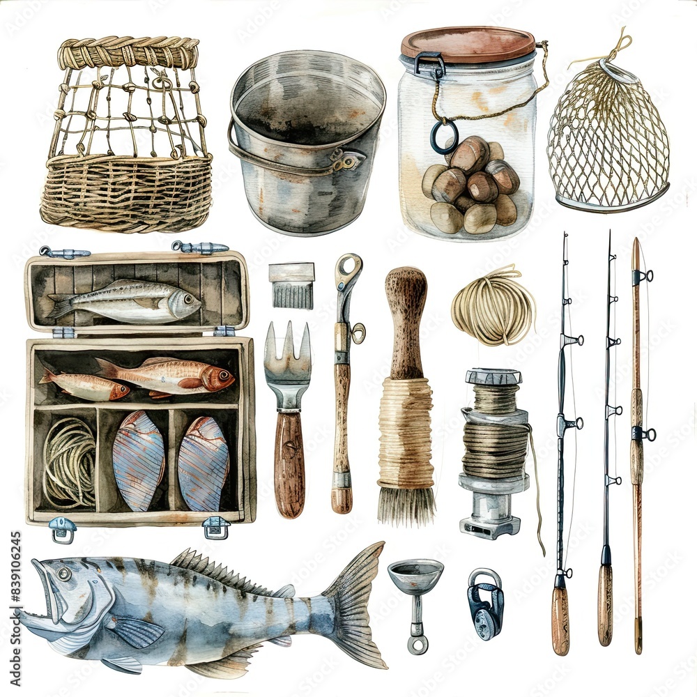 Watercolor illustration of fishing tool set, full color, dry brushing ...