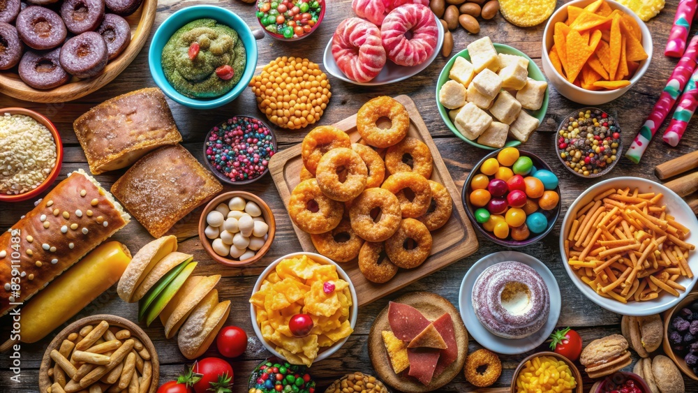 Colorful arrangement of high-calorie, low-nutrition snacks and meals ...