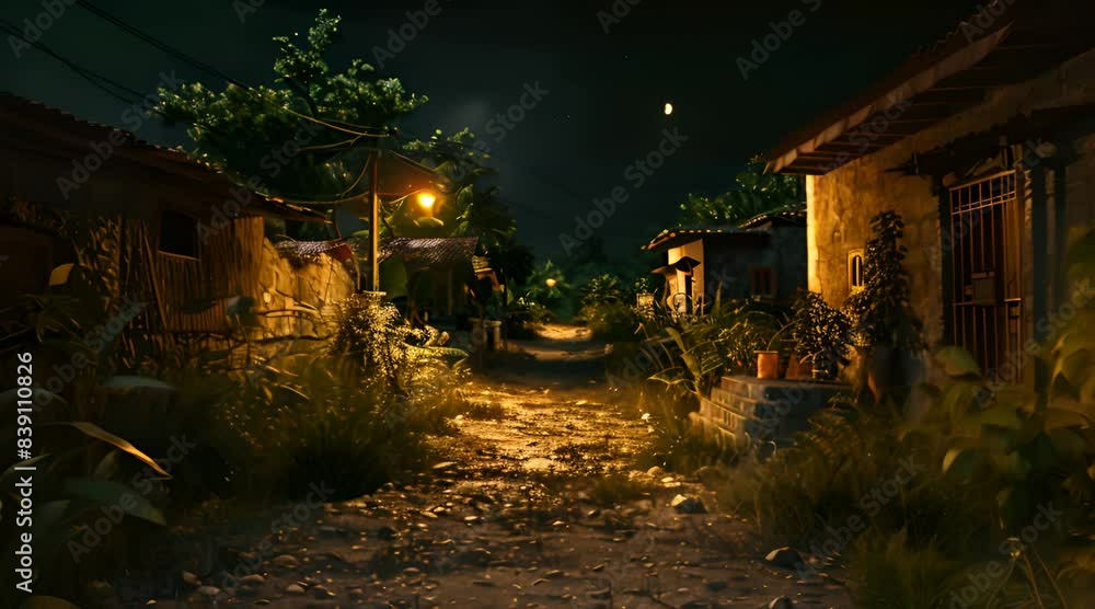 eye level angle, old front Indian village, night lighting super ...