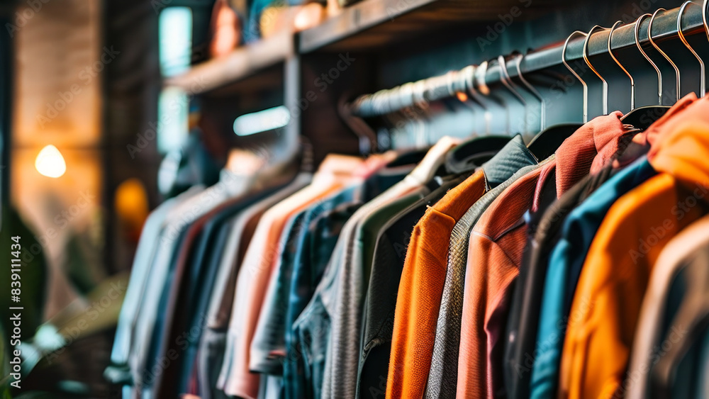 the variety of clothes hanging on the rack. The focus is on the ...