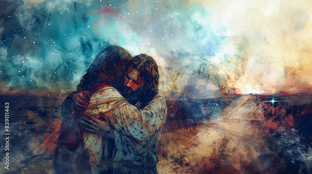 Digital watercolor painting of Jesus embracing a weary traveler on a ...