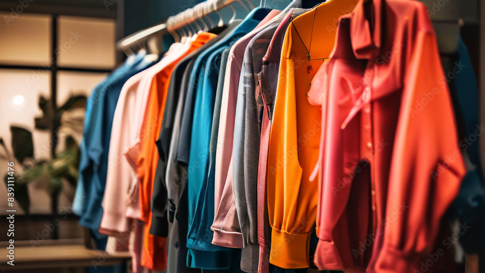 the variety of clothes hanging on the rack. The focus is on the ...