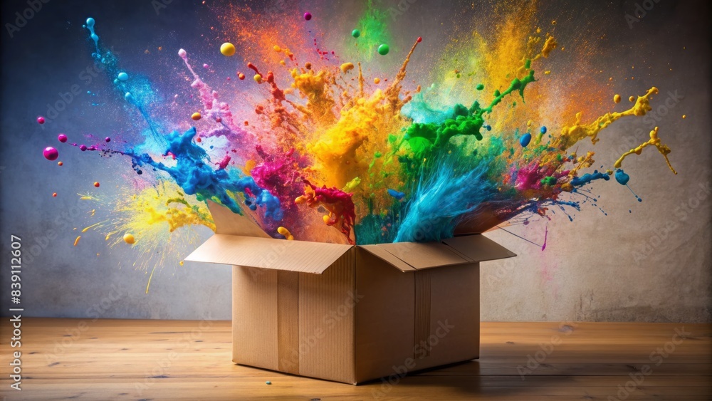 Vibrant splash of colorful ink erupts from a torn cardboard box ...