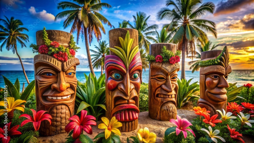 Vibrant tropical island scenery featuring intricately carved wooden ...