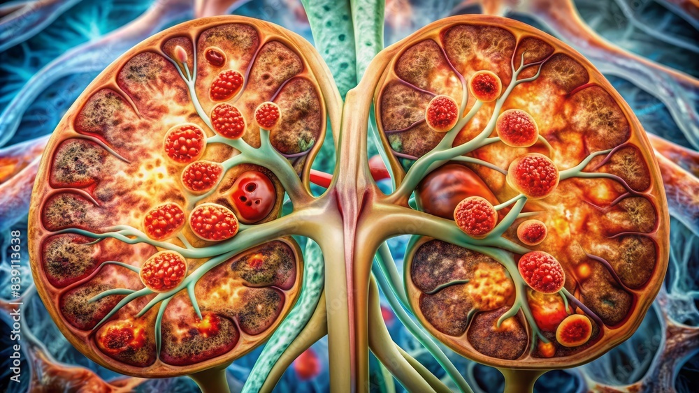 Microscopic image of damaged kidneys with inflamed glomeruli, scarred ...