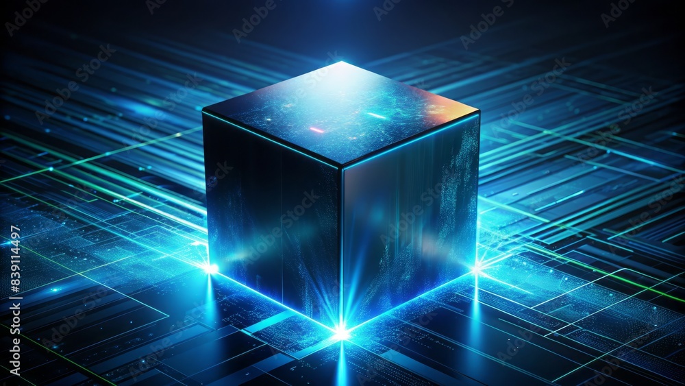 Mysterious black cube on dark background emits vibrant blue glow from ...