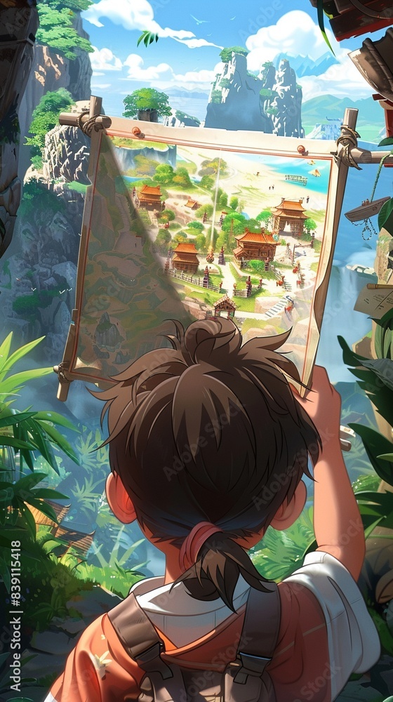 Top view of a kid exploring a detailed adventure map, tropical ...
