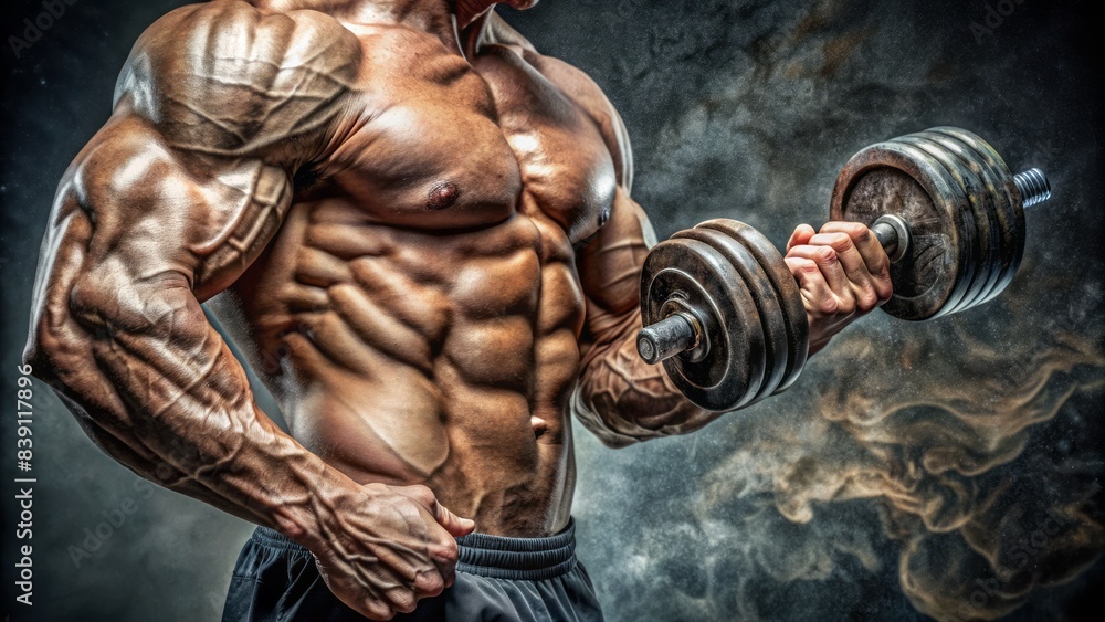 A rugged, rough-textured, sweaty, muscular arm with bulging biceps and ...