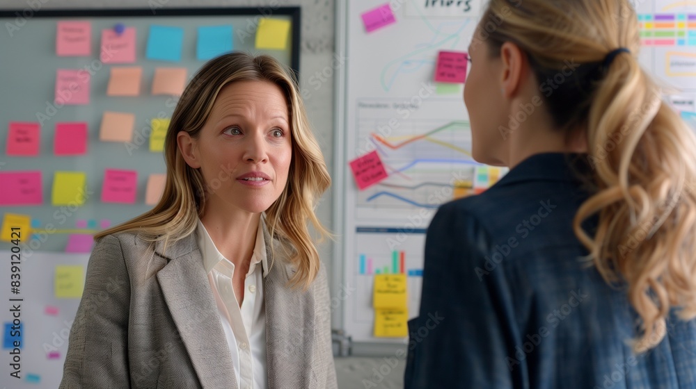 A boss and her secretary discussing a project timeline, with colorful ...