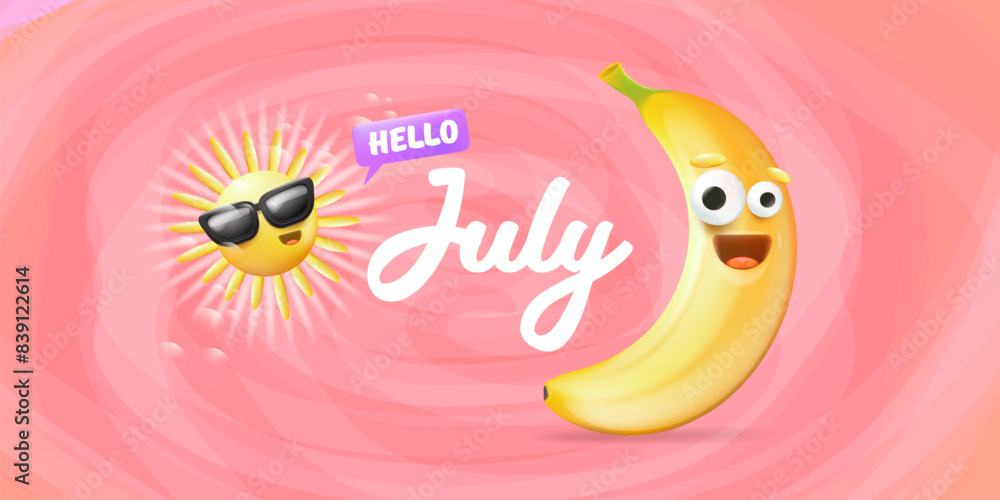 Hello July horizontal poster with sun character and funky banana ...