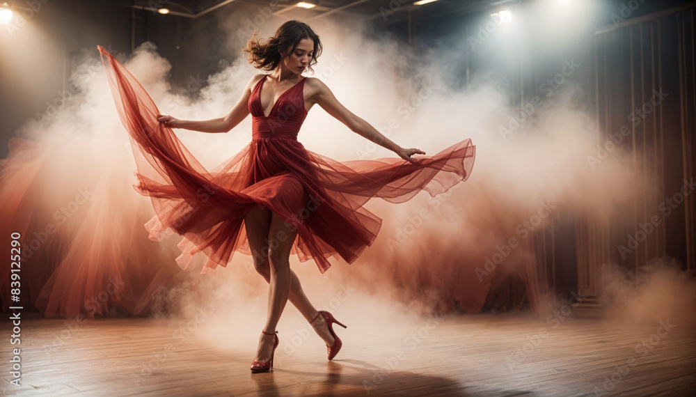 An attractive woman elegantly tangoing in a red dress and high heels on ...