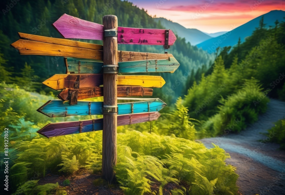 rustic wooden signpost multiple destination directions outdoors, arrow ...
